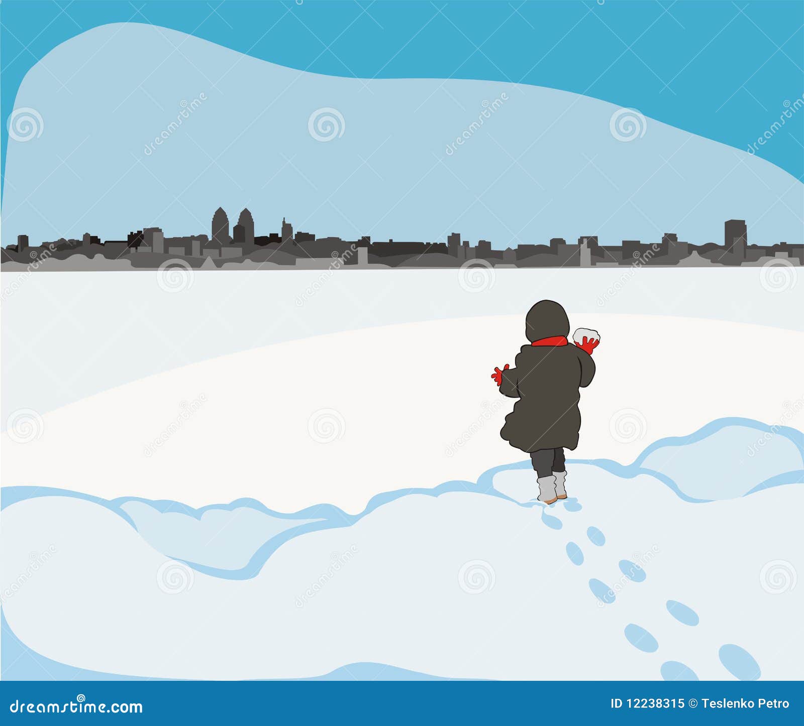 Child at the frozen river stock vector. Illustration of skyscrapers ...