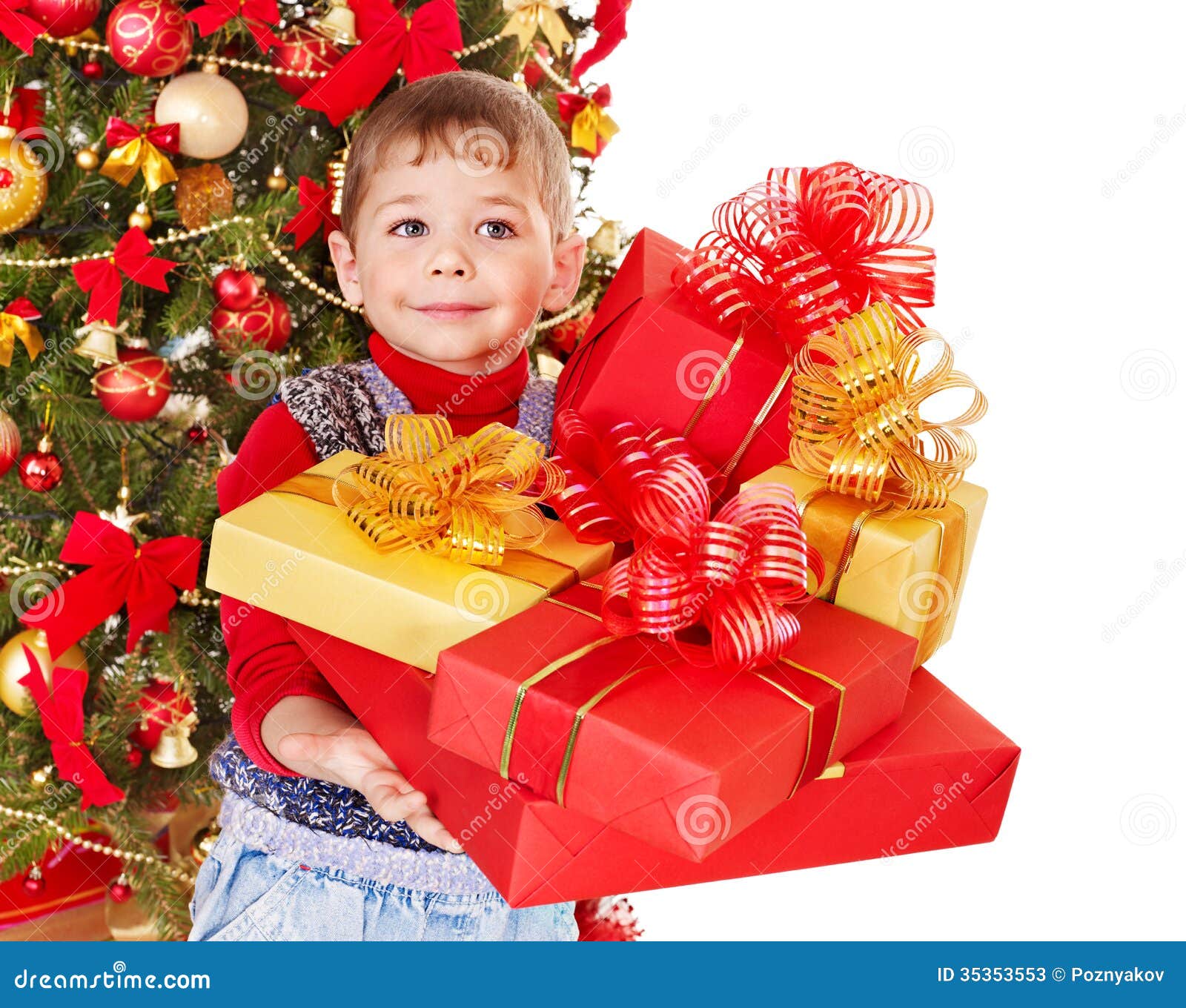 Child with Gift Box Near Christmas Tree. Stock Image - Image of ball ...