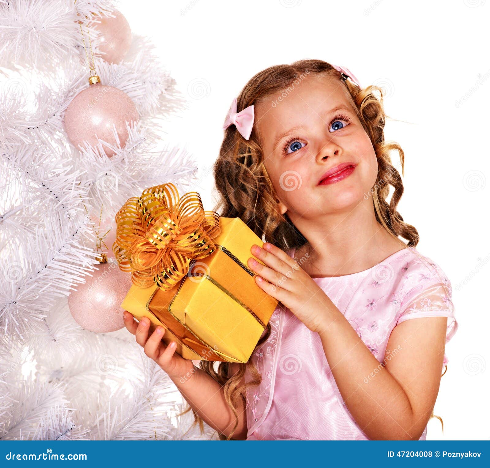 Child with Gift Box Near White Christmas Tree. Stock Photo - Image of ...