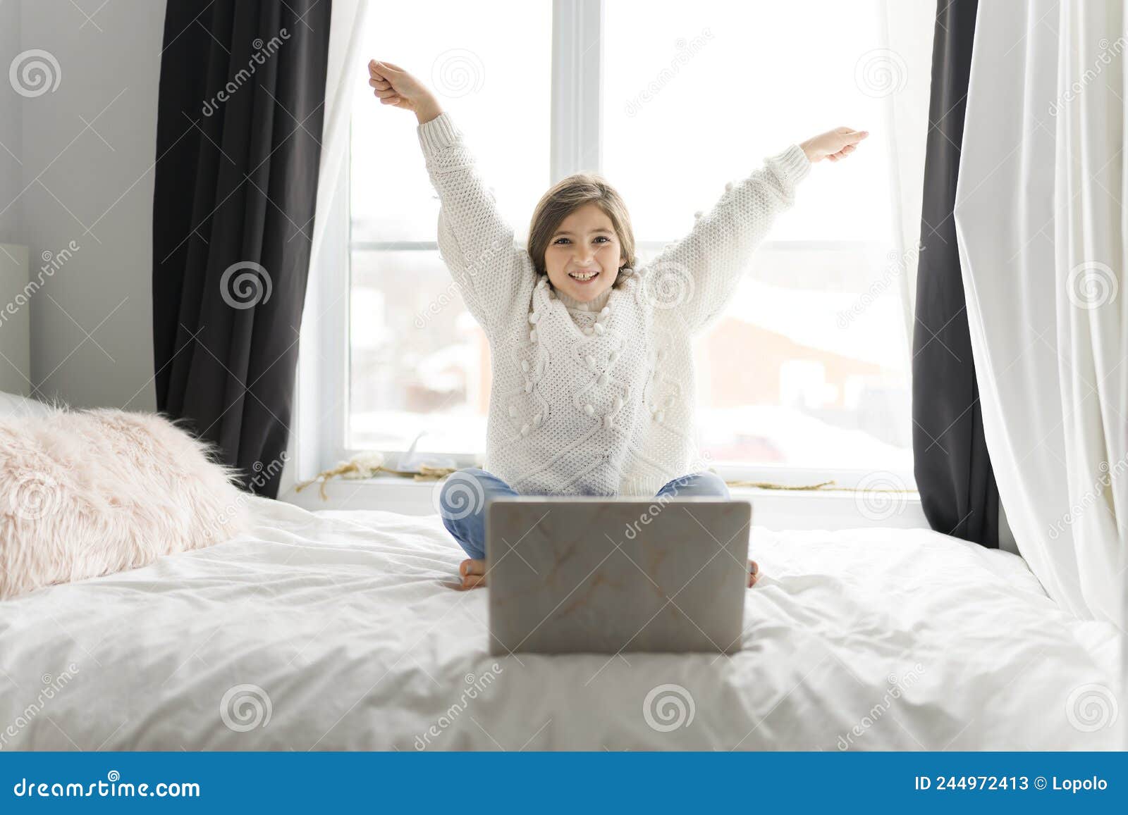Child Girl with Computers on Bed at Home Stock Image - Image of front ...