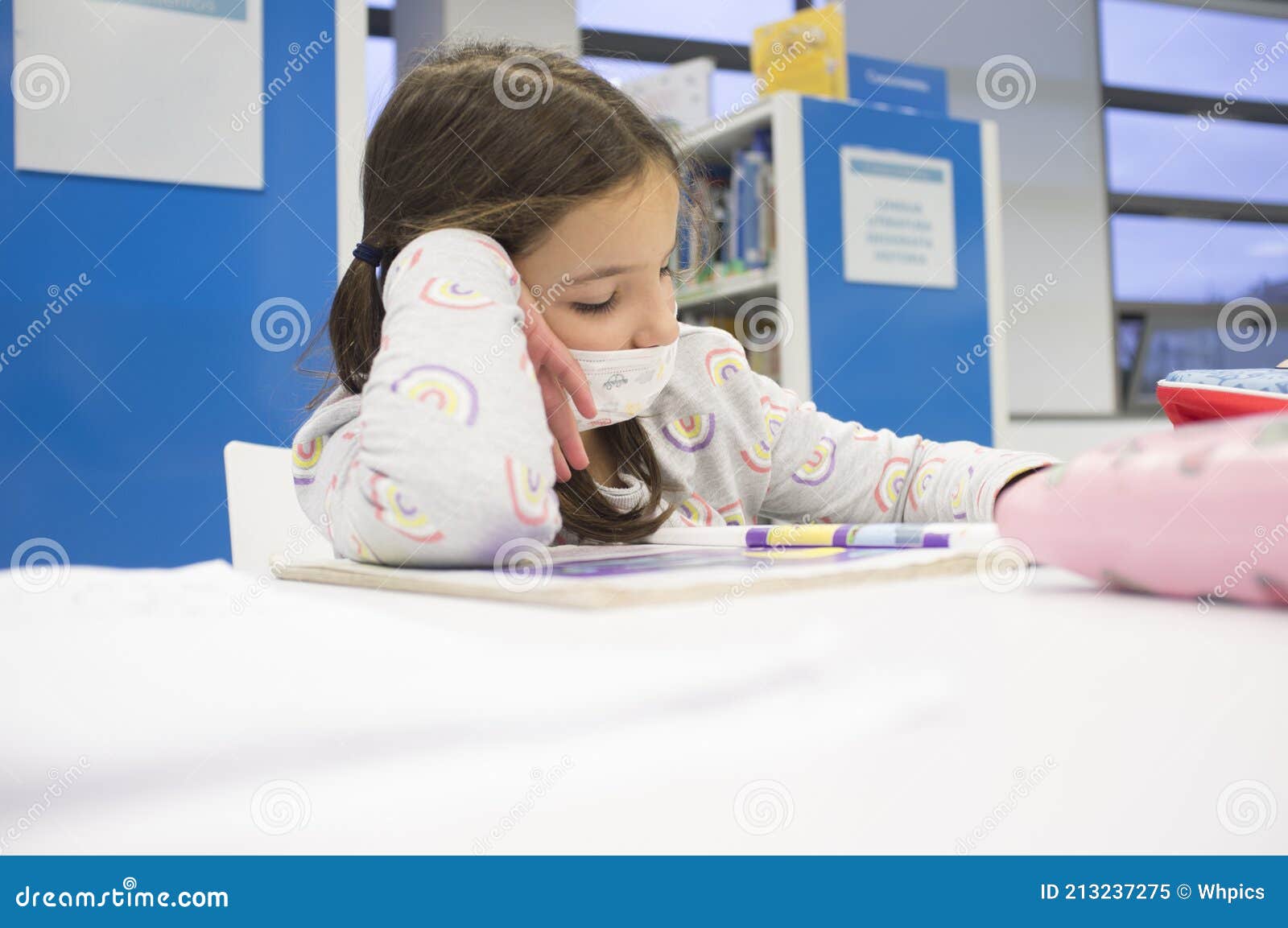 Child Girl Doing Homework at Public Library Stock Image - Image of face ...