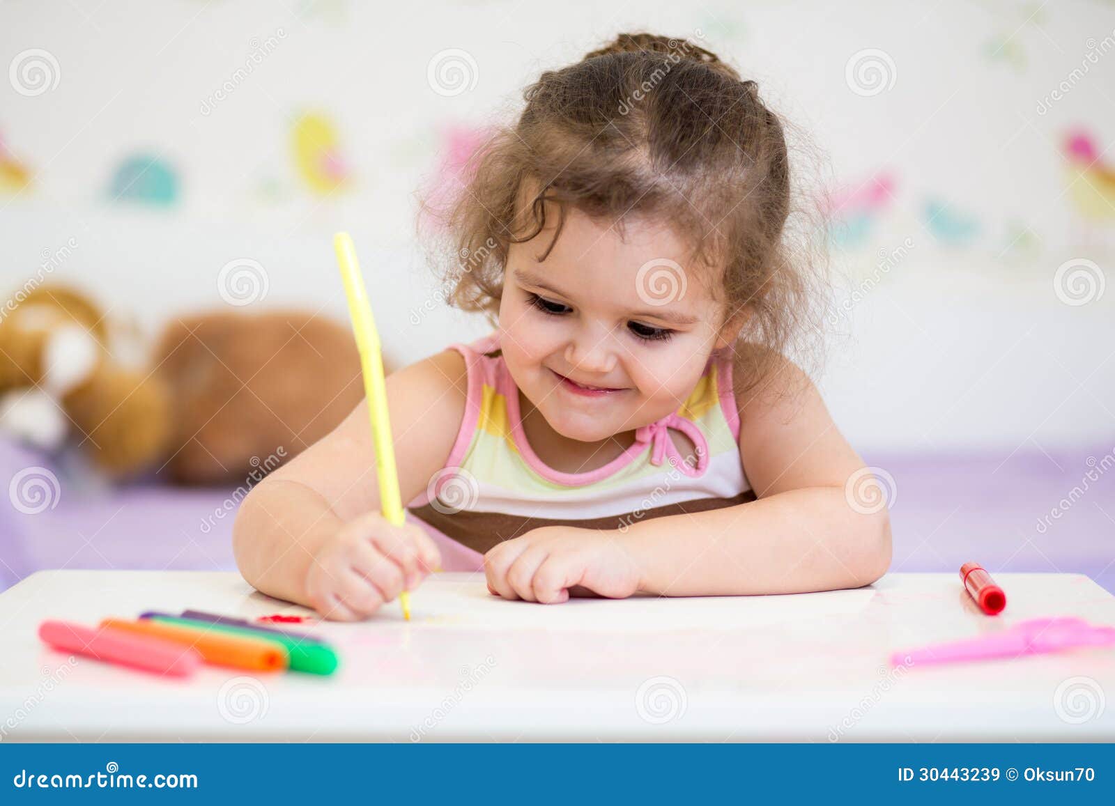 Child girl drawing by pen stock image. Image of creativity - 30443239