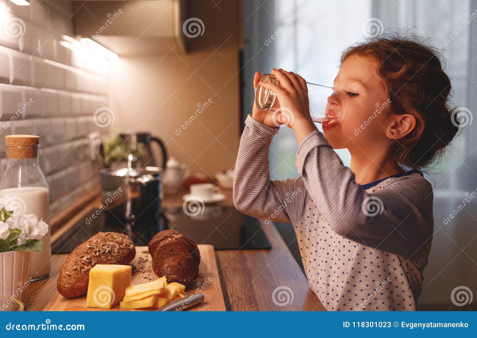 Child Girl is Drinking Water in Kitchen at Home Stock Image - Image of ...