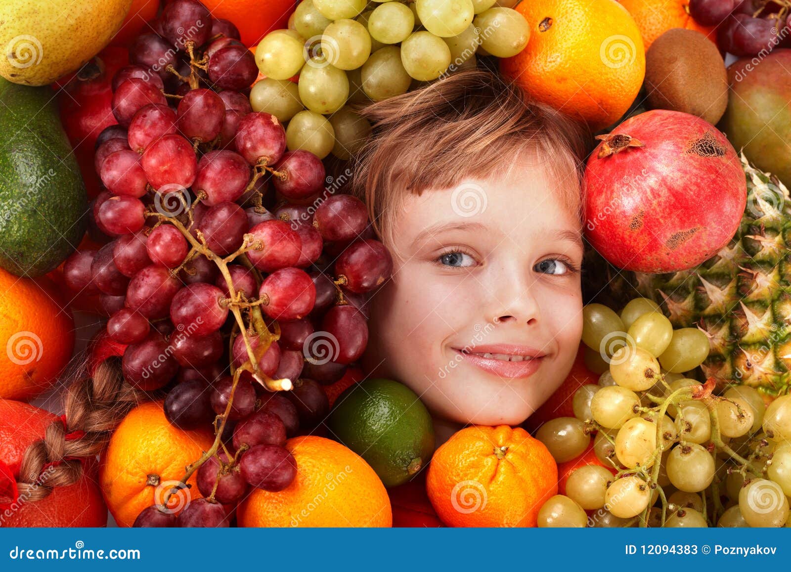 Child Girl in Group of Fruit. Stock Image - Image of healthy, diet ...