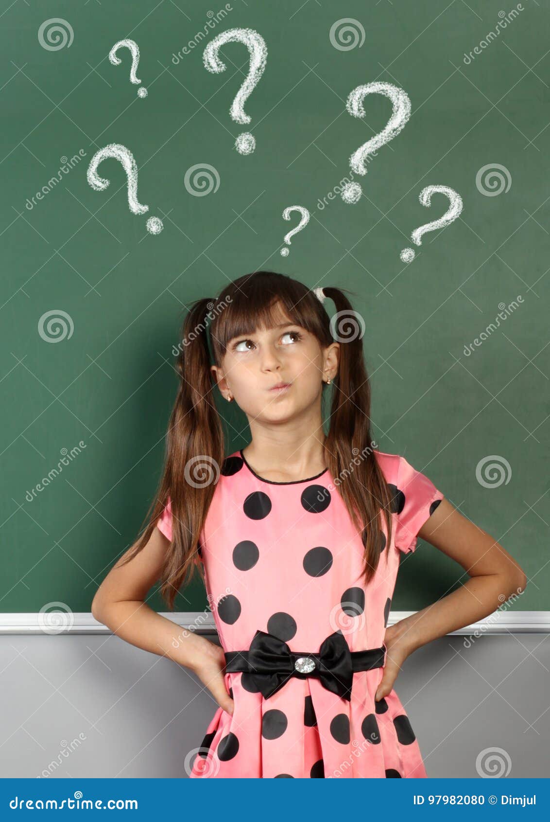 Child Girl with Question Mark on School Blackboard Stock Photo - Image ...