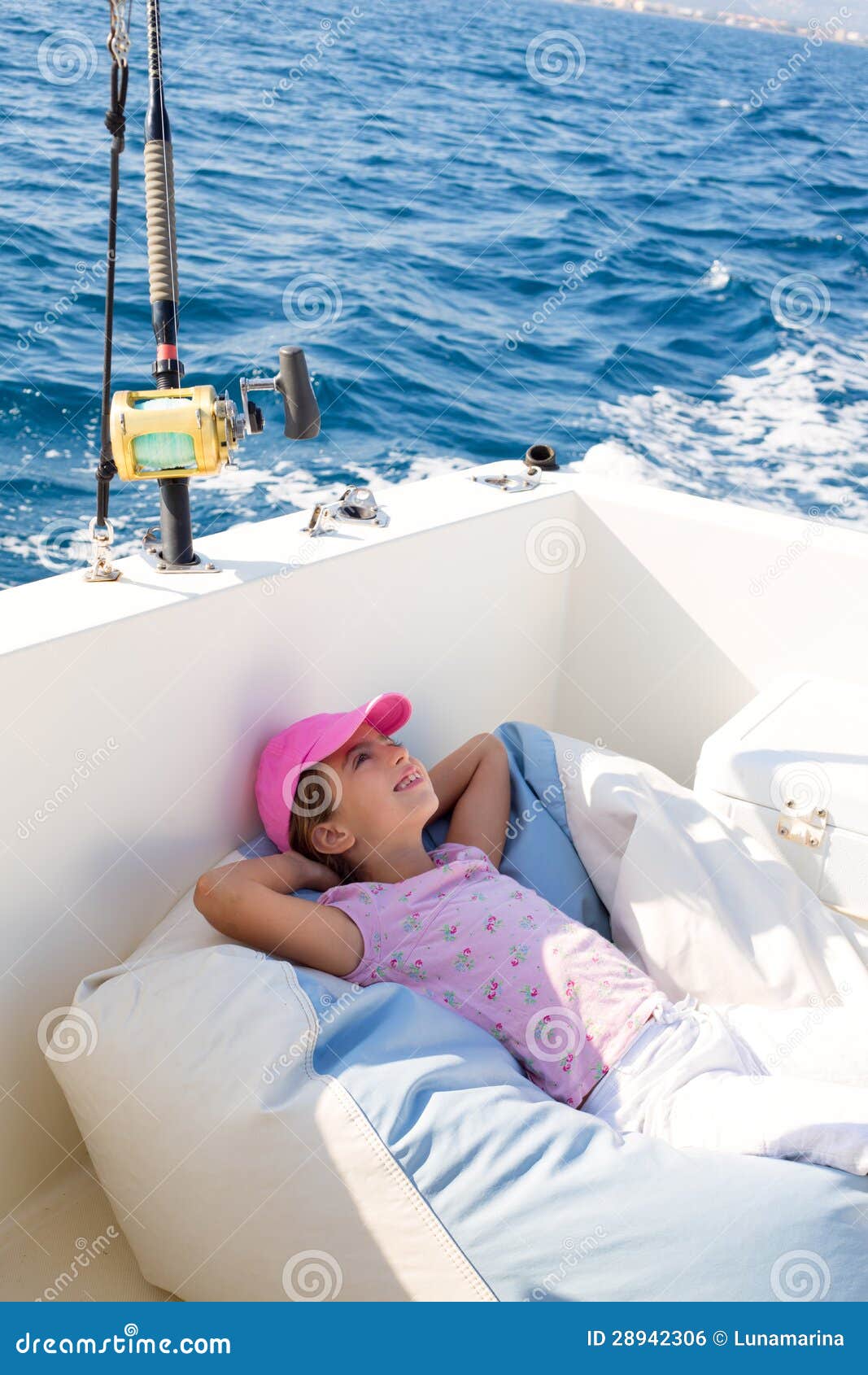 Child Girl Sailing Relaxed on Boat Deck Ejoying a Nap Stock Photo ...