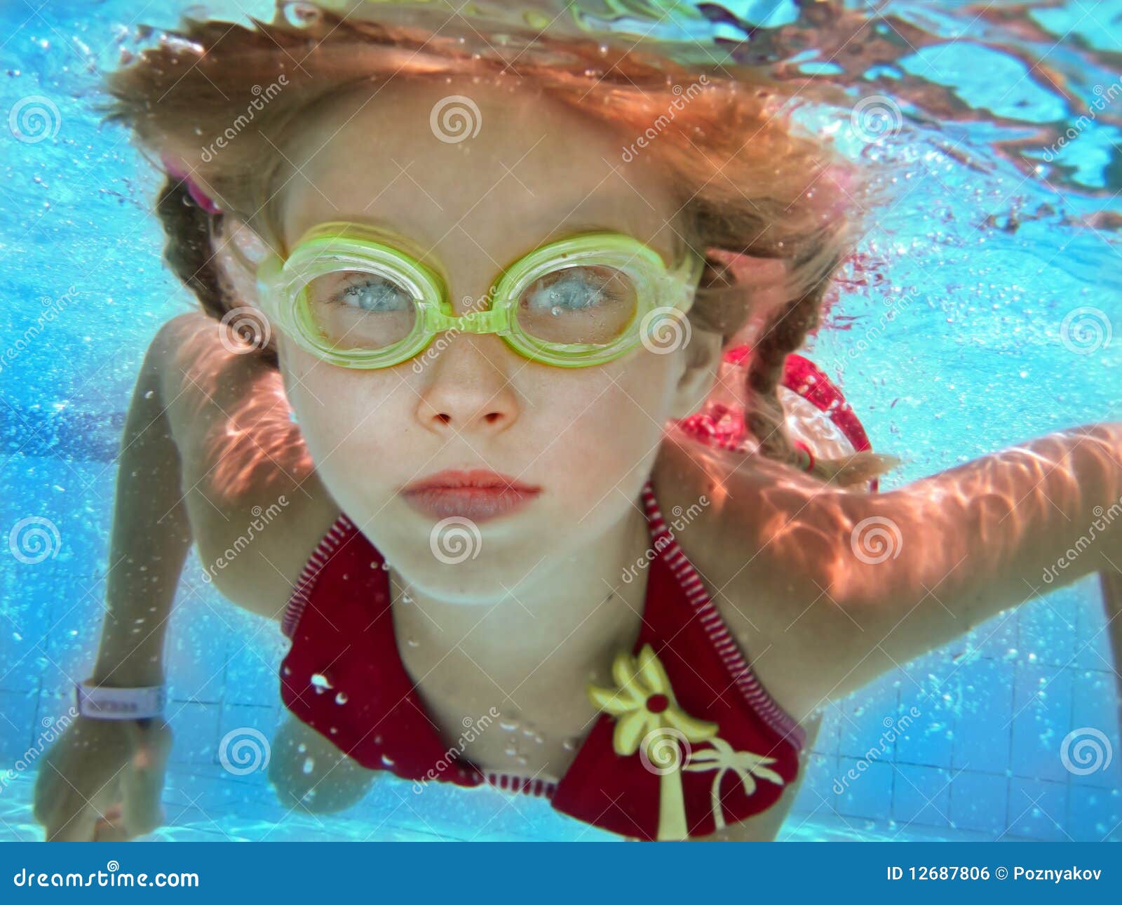 Child Girl Swim Underwater in Pool. Stock Photo - Image of face ...