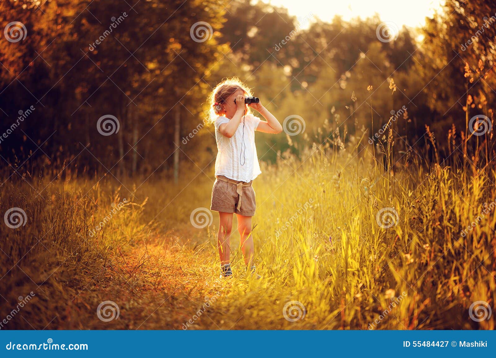 Child Girl Watching Birds with Binoculars in Summer Stock Image - Image ...