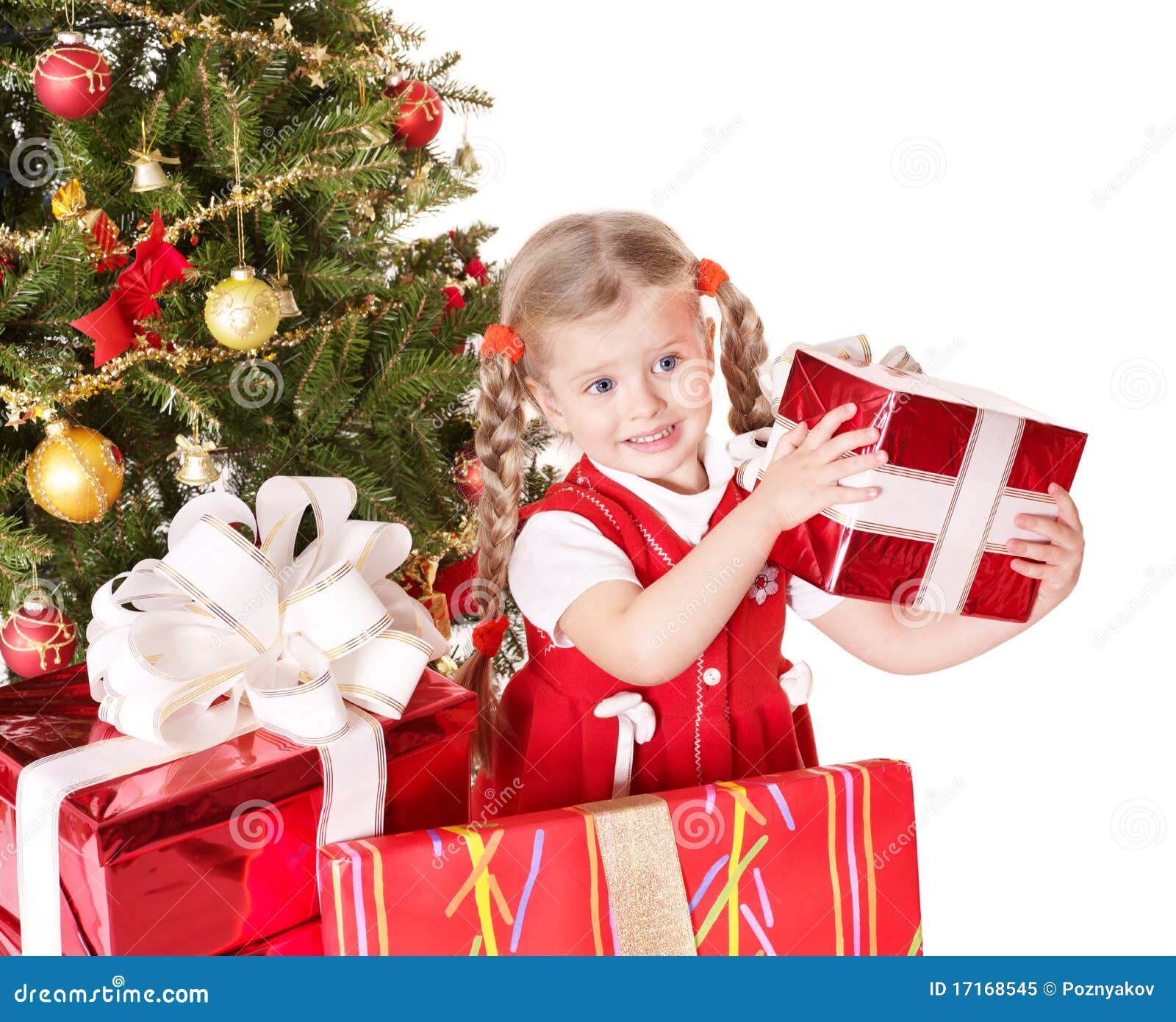 Child Giving Gift Box by Christmas Tree. Stock Image - Image of fairy ...