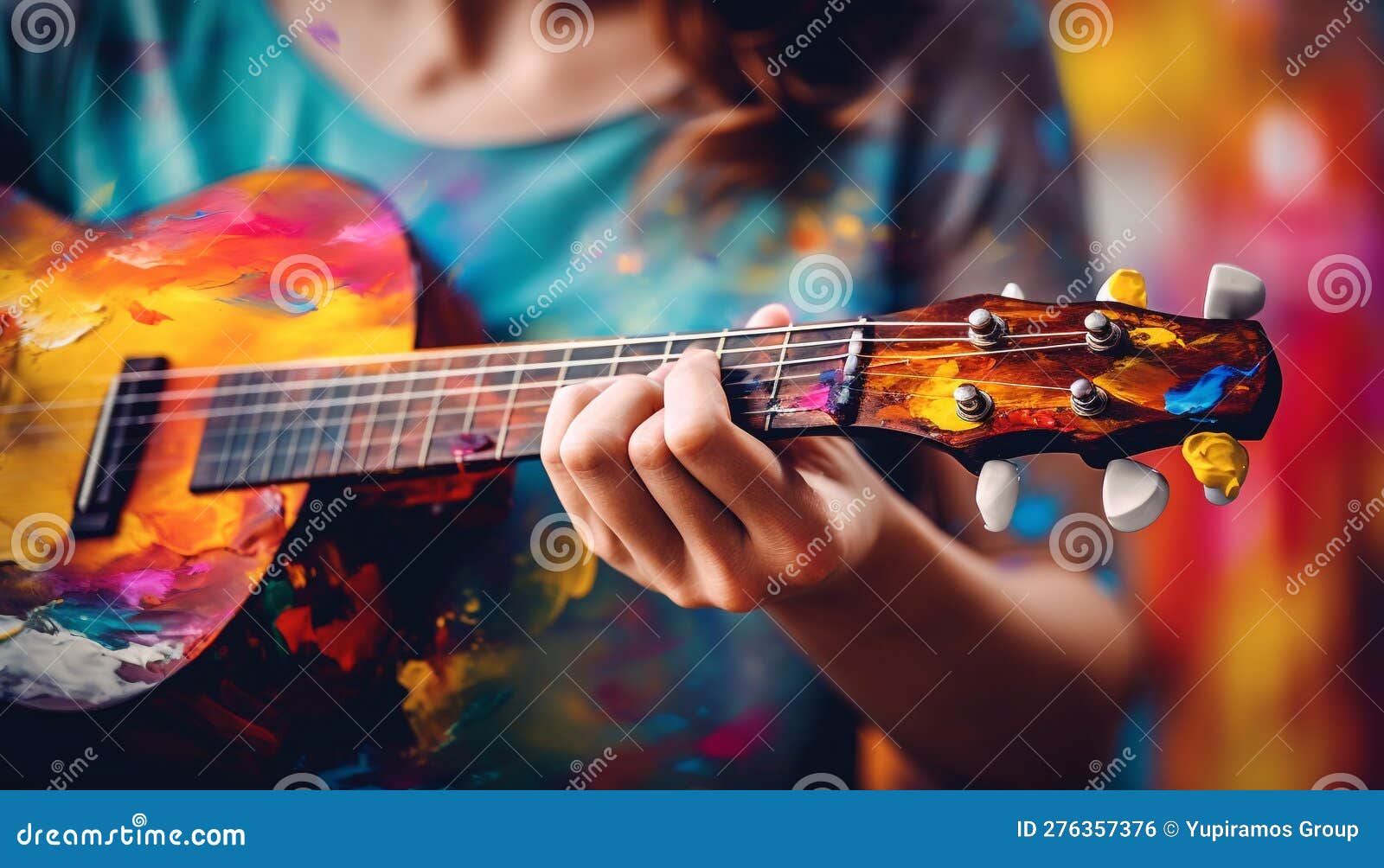 Child Guitarist Plucks Strings, Learning Creativity and Skill Generated ...