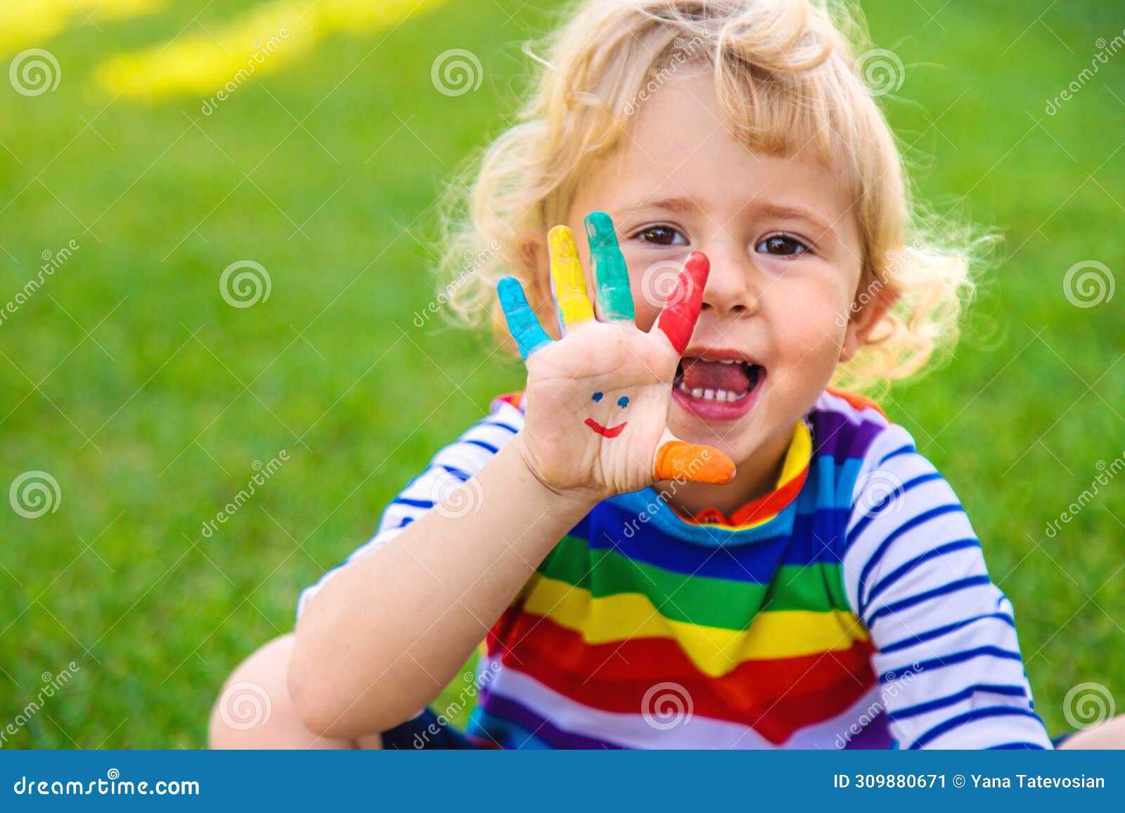 Child in Hand Draw Smile. Selective Focus Stock Image - Image of girl ...