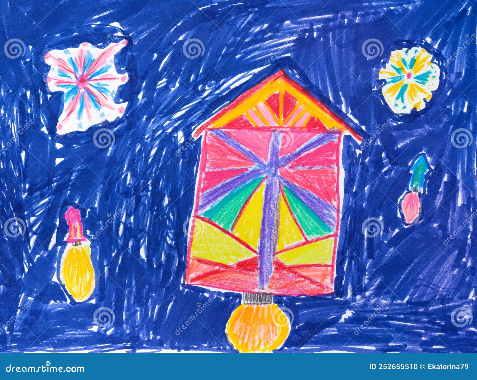 A Child Hand Drawing of Firework Rockets Exploding Stock Illustration ...