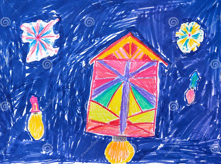 A Child Hand Drawing of Firework Rockets Exploding Stock Illustration ...