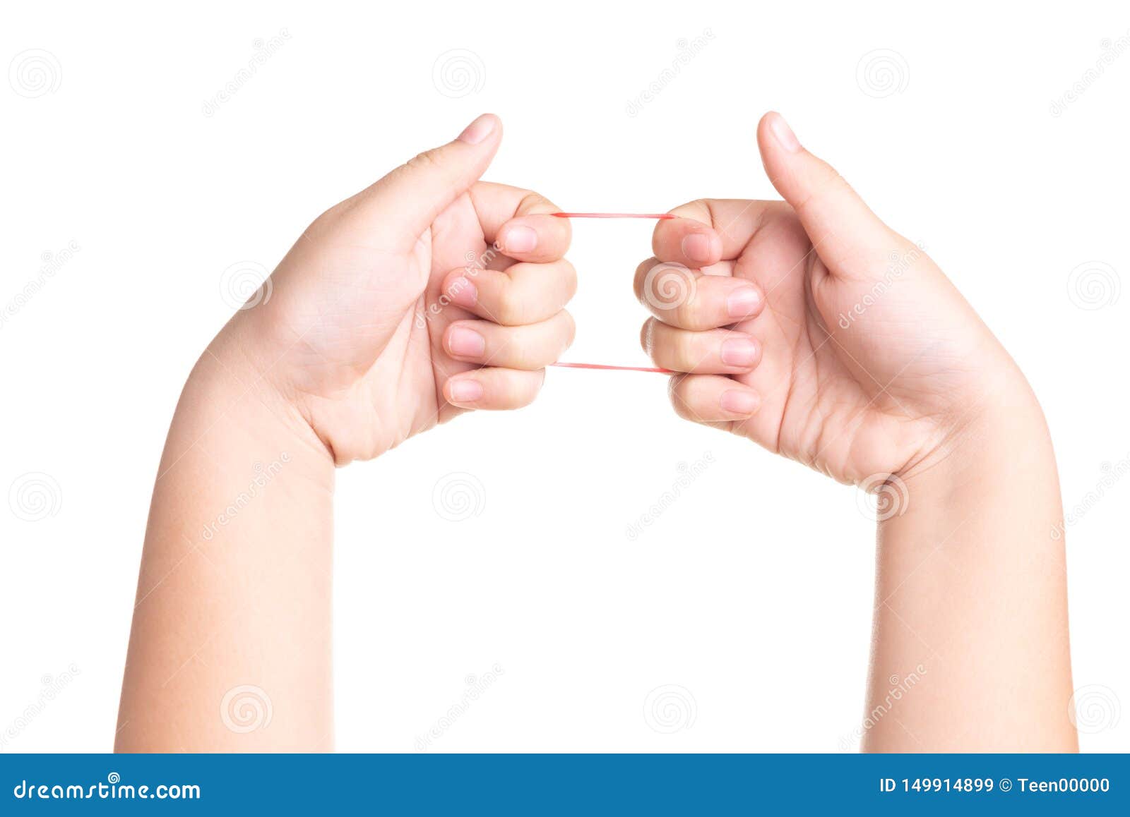 Child Hand Playing with Elastic Rubber Band Isolated on White Stock ...