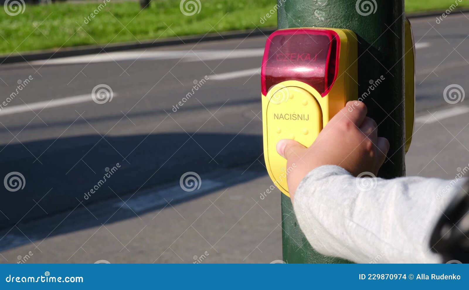 Child Hand Presses a Yellow Device with a Button on Demand on Traffic ...