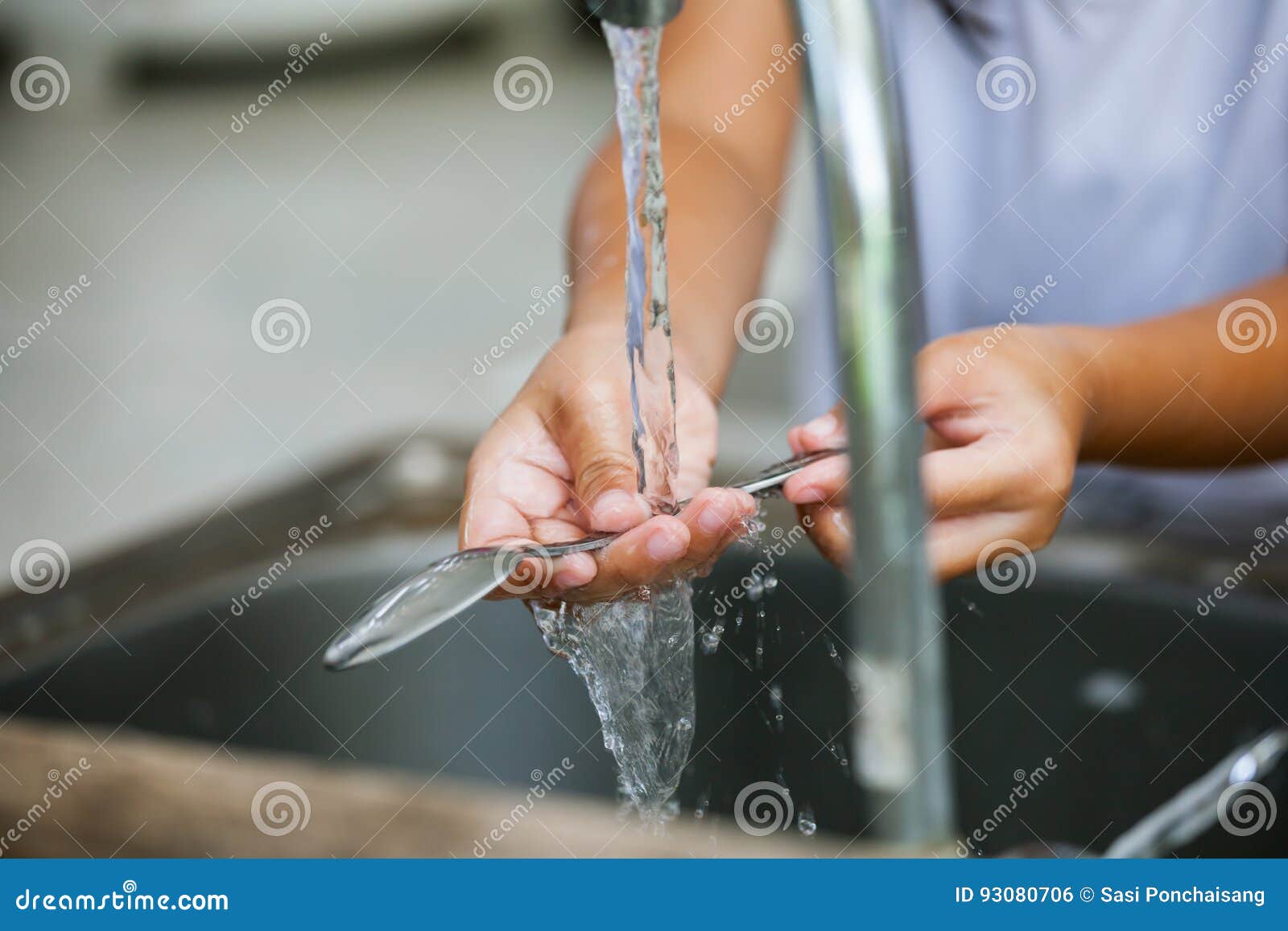 Child Hand Washing Spoon Over the Sink Stock Photo - Image of girl ...
