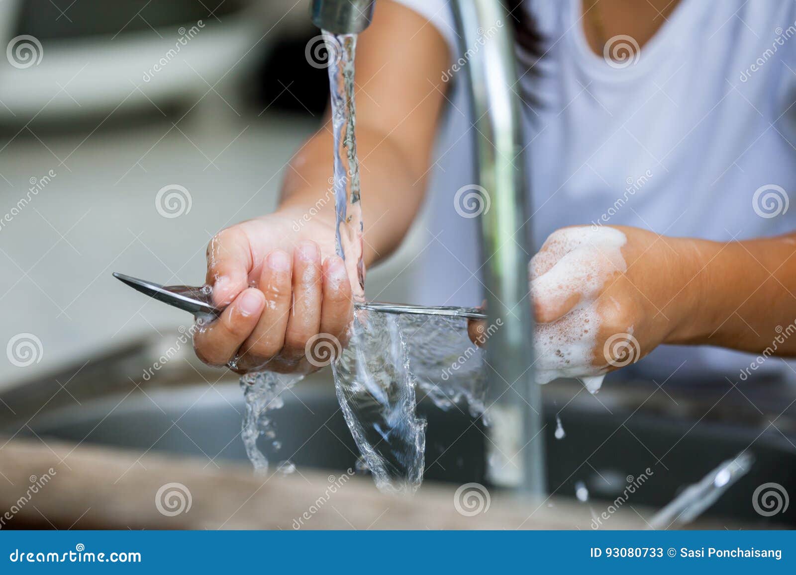 Child Hand Washing Spoon Over the Sink Stock Image - Image of ...