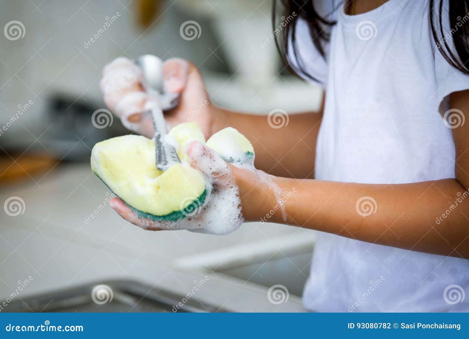 Child Hand Washing Spoon Over the Sinkp Stock Photo - Image of dishware ...