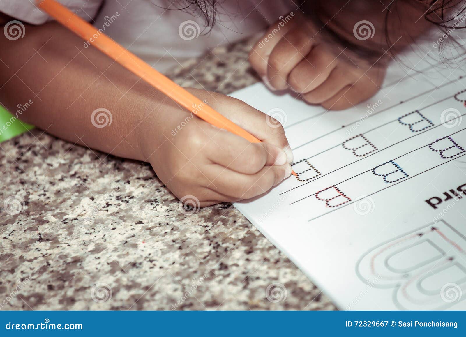 Child Hand Writing Her Homework with Crayon Stock Image - Image of ...