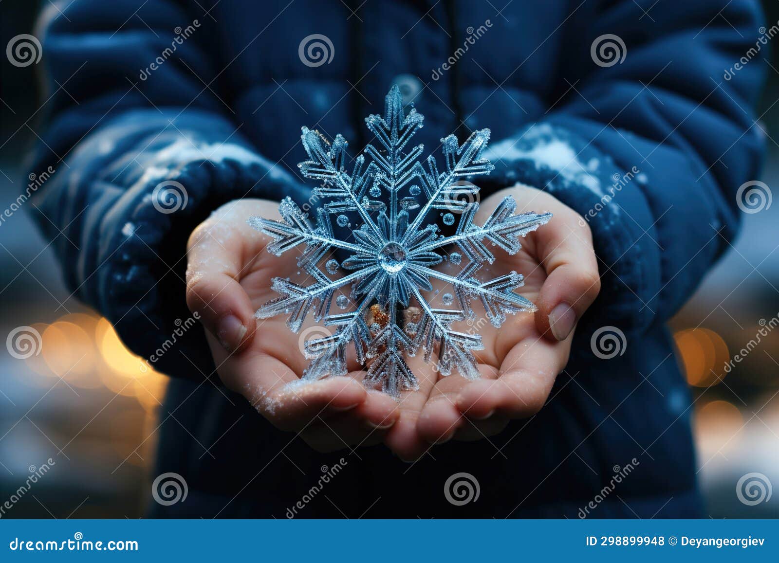 Child Hands Holding a Big Ice Snowflake in the Winter Stock ...