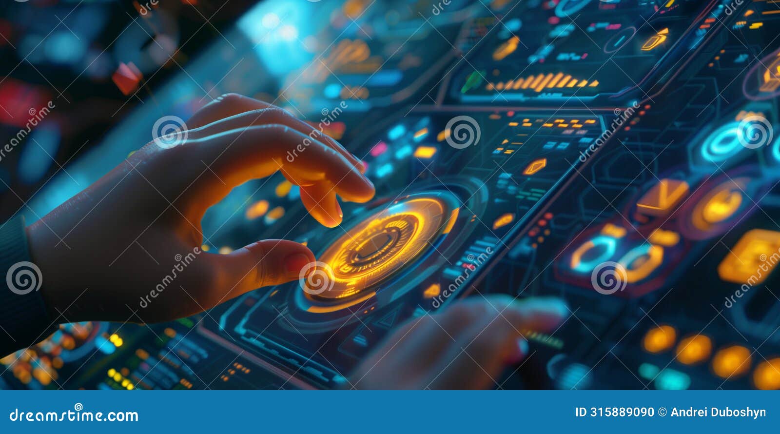 Child Hands Pressing the Yellow Circle on Blue-yellow Screen Stock ...