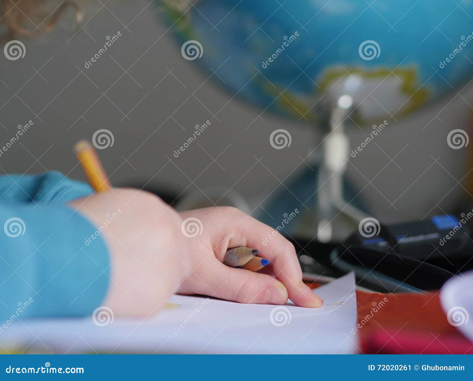 Child Hands Writing in Front of Globe Stock Image - Image of student ...