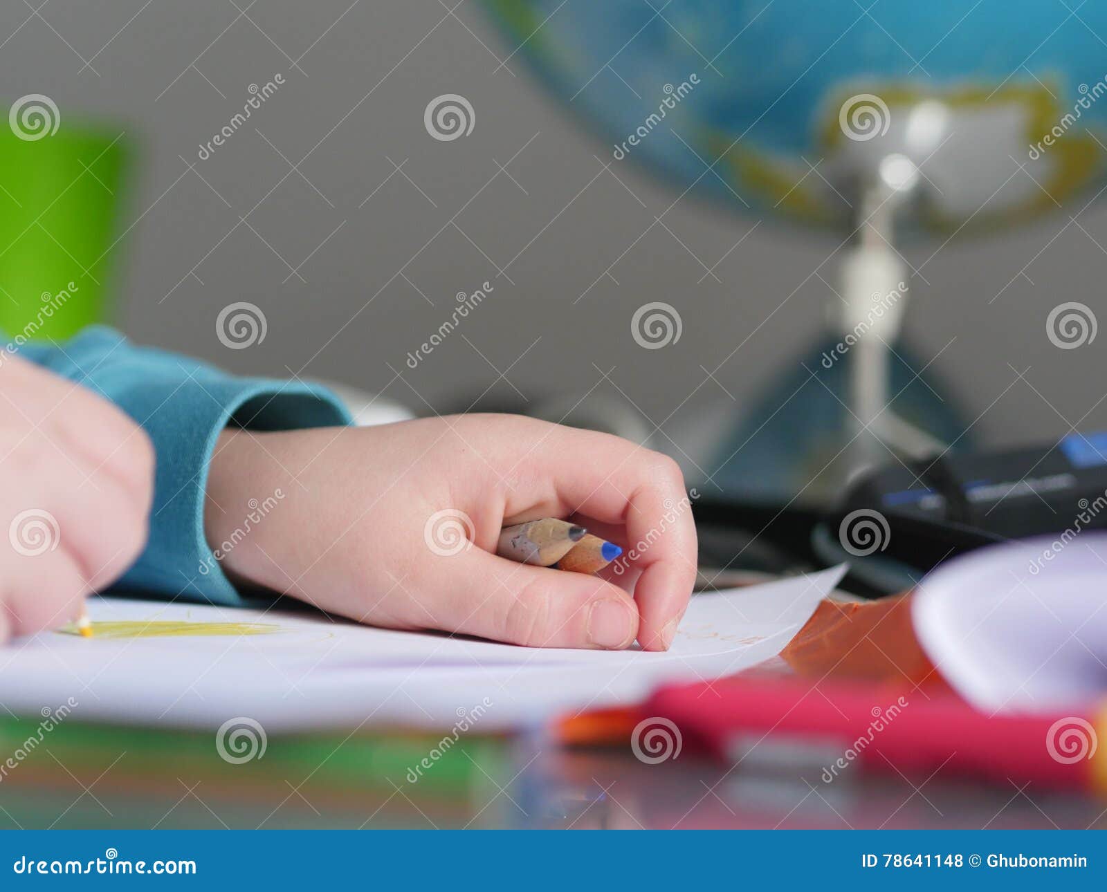 Child Hands Writing in Front of Globe Stock Photo - Image of book ...
