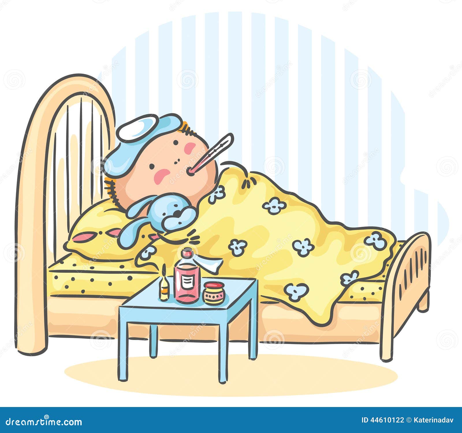 Child Has Got Flu And Is Lying In Bed With A Thermometer Vector ...