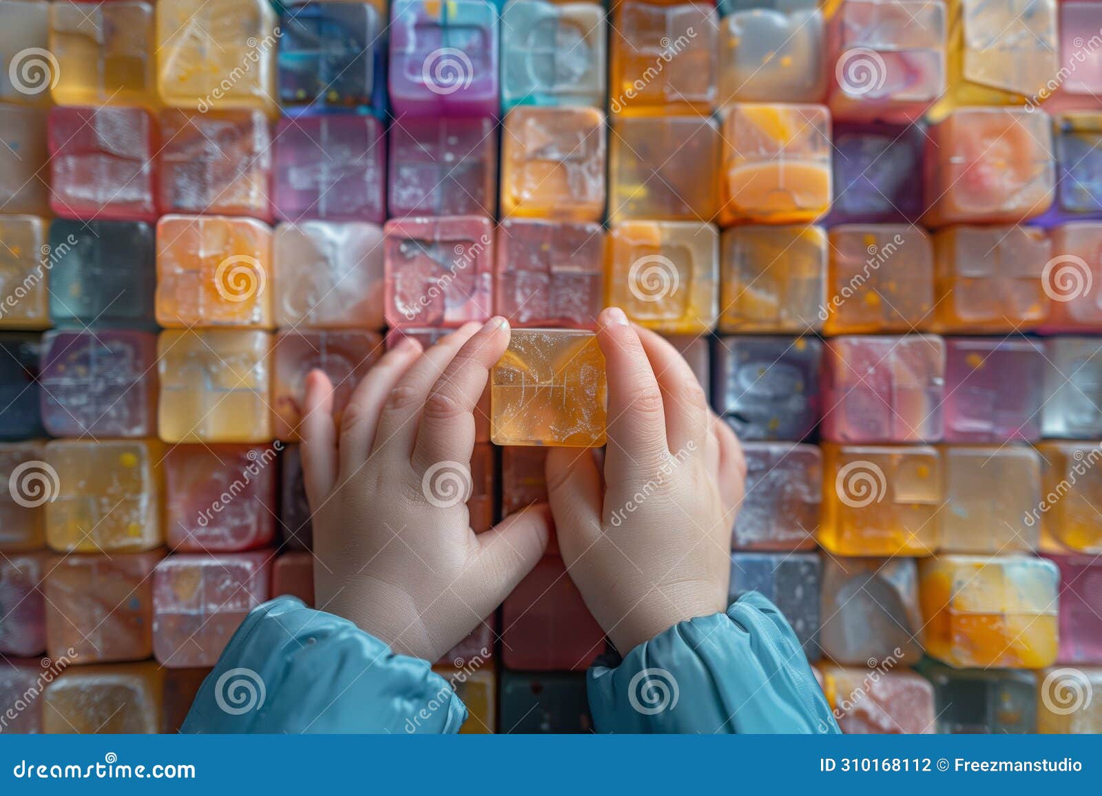 Child Having Fun Creating Patterns with Magenta Ice Cubes Stock Photo ...