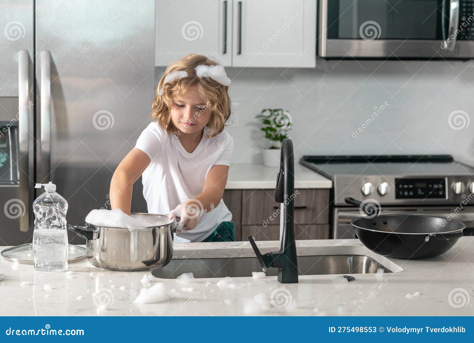 Child Help in Washing Dishes at Kitchen. Stock Image - Image of dishes ...