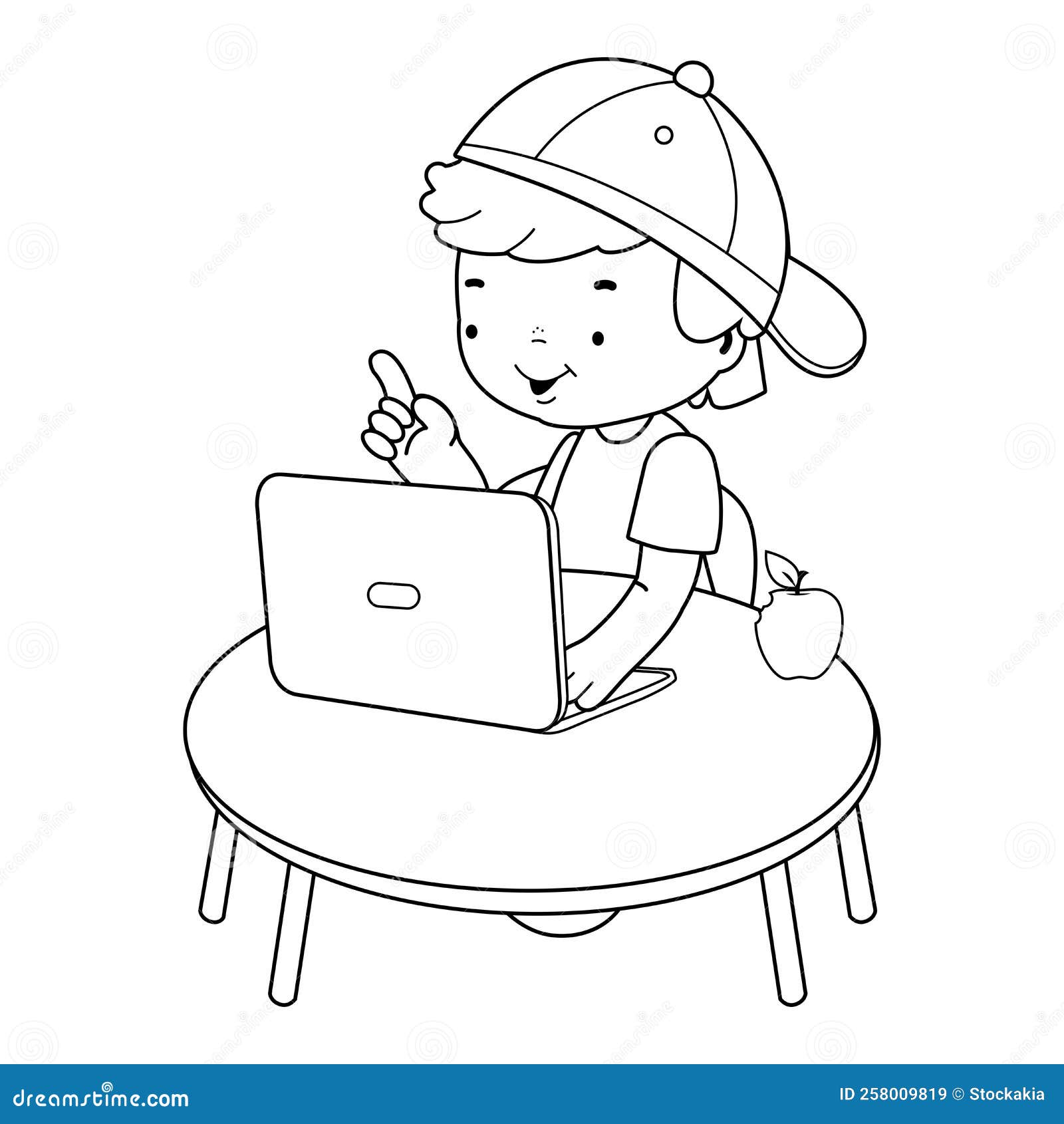 Child on His Desk Using the Computer. Vector Black and White Coloring ...