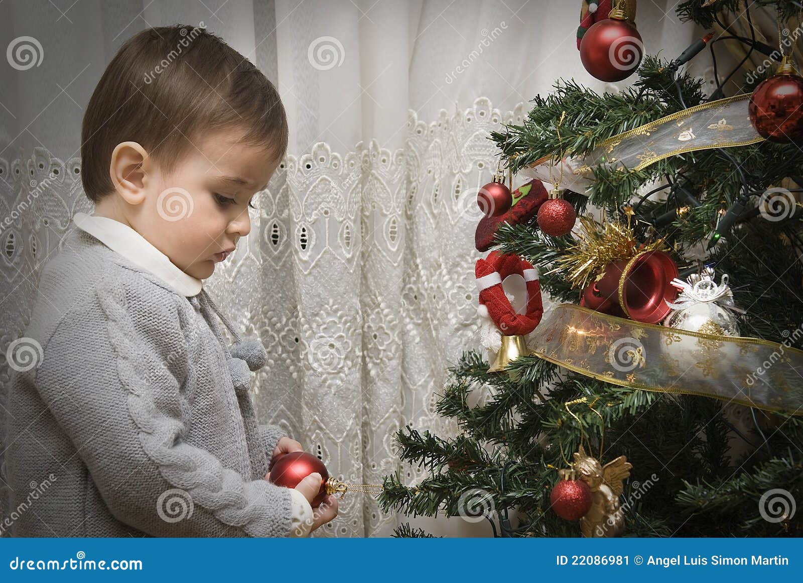 Child with His First Christmas Tree. Stock Image - Image of gifts ...