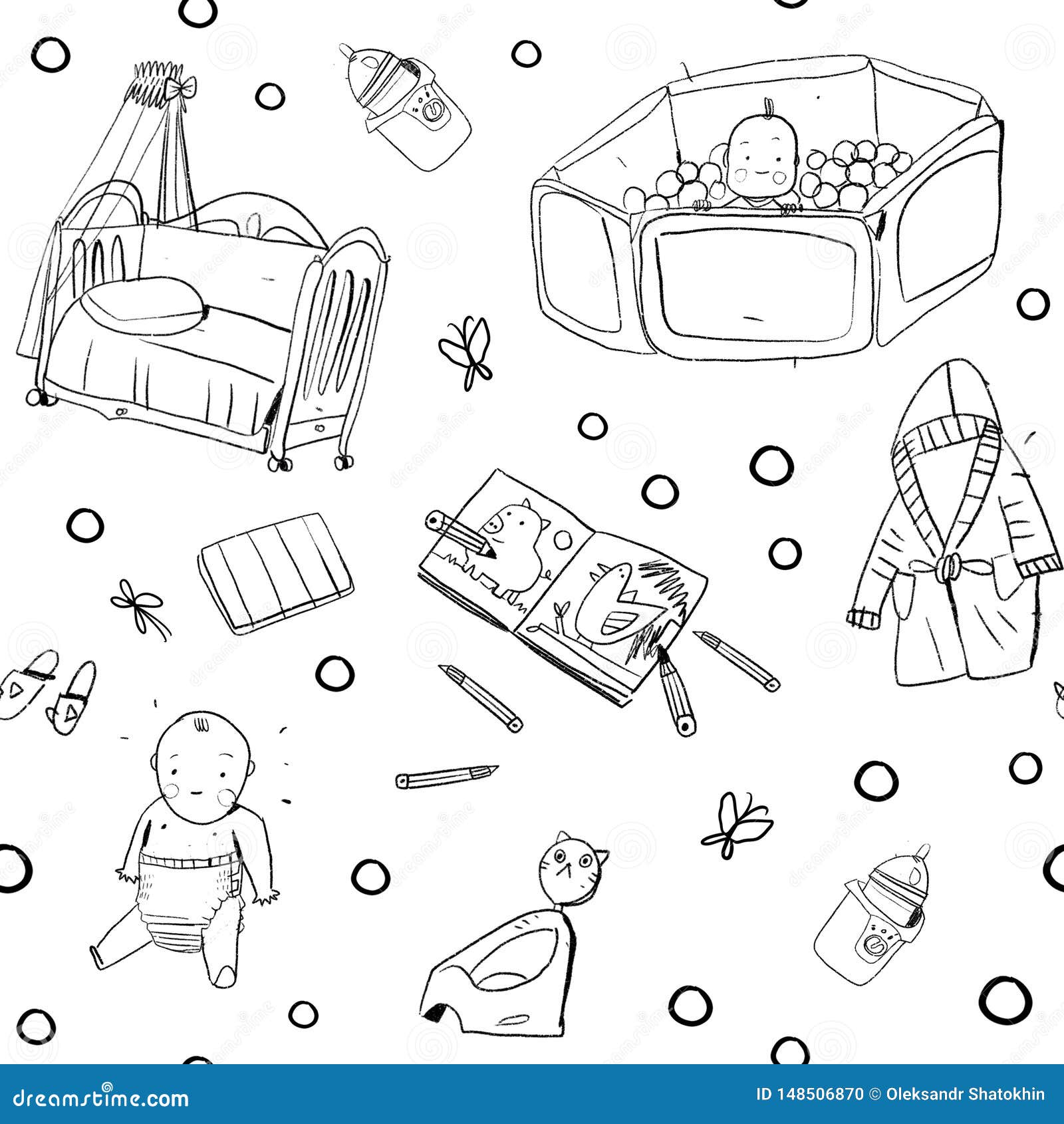 Child and His Things Outline Illustration Seamless Patternon White ...