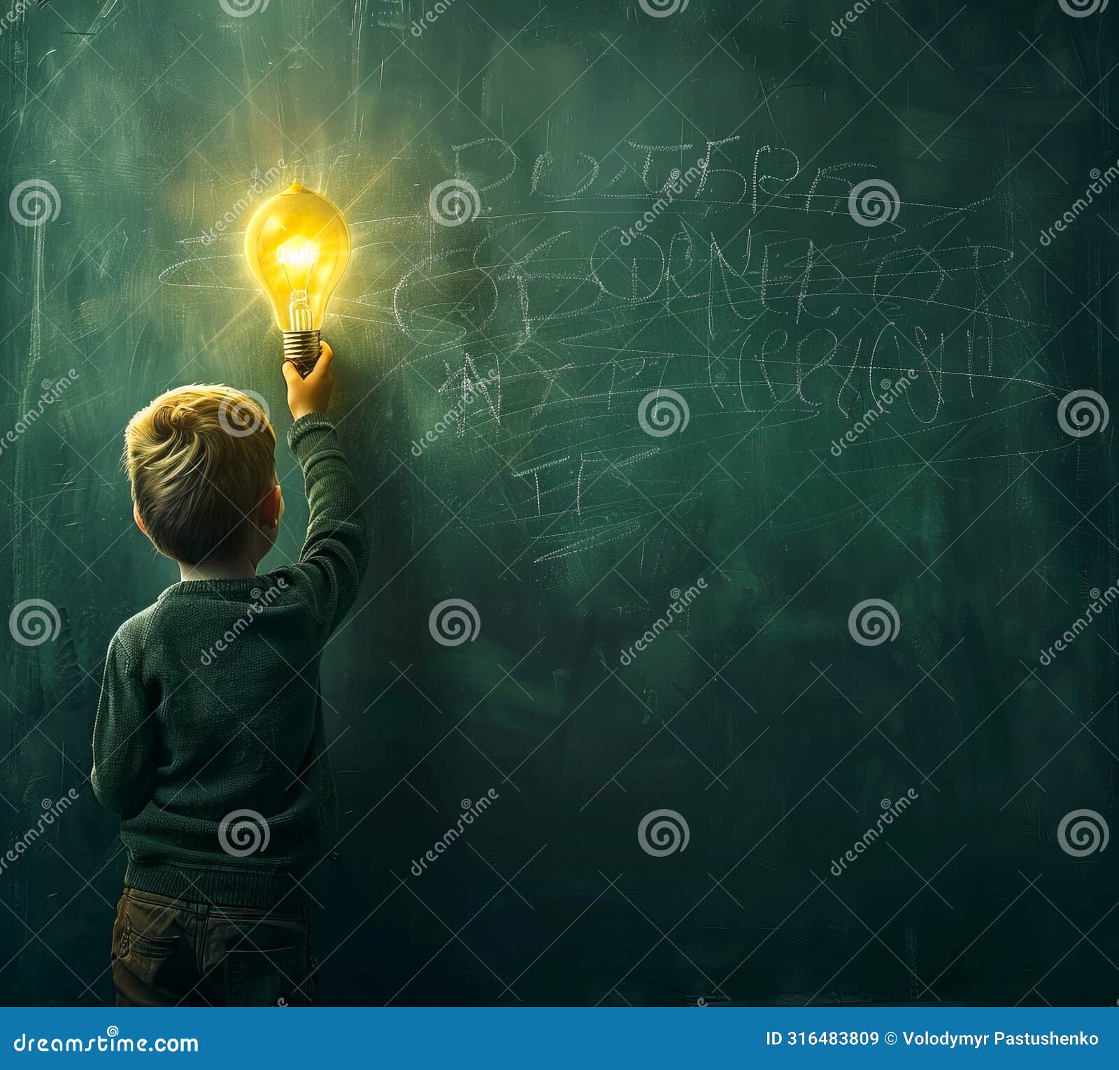 A Child Holding a Light Bulb on a Blackboard Stock Image - Image of ...