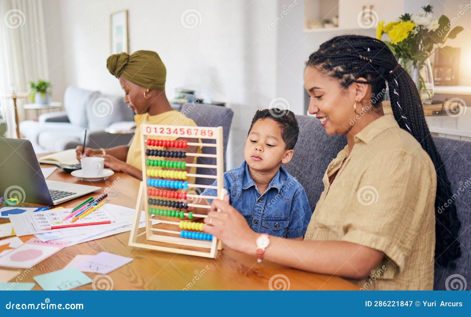 Child, Homework Help and Math with Mom in Home with Counting on Abacus ...