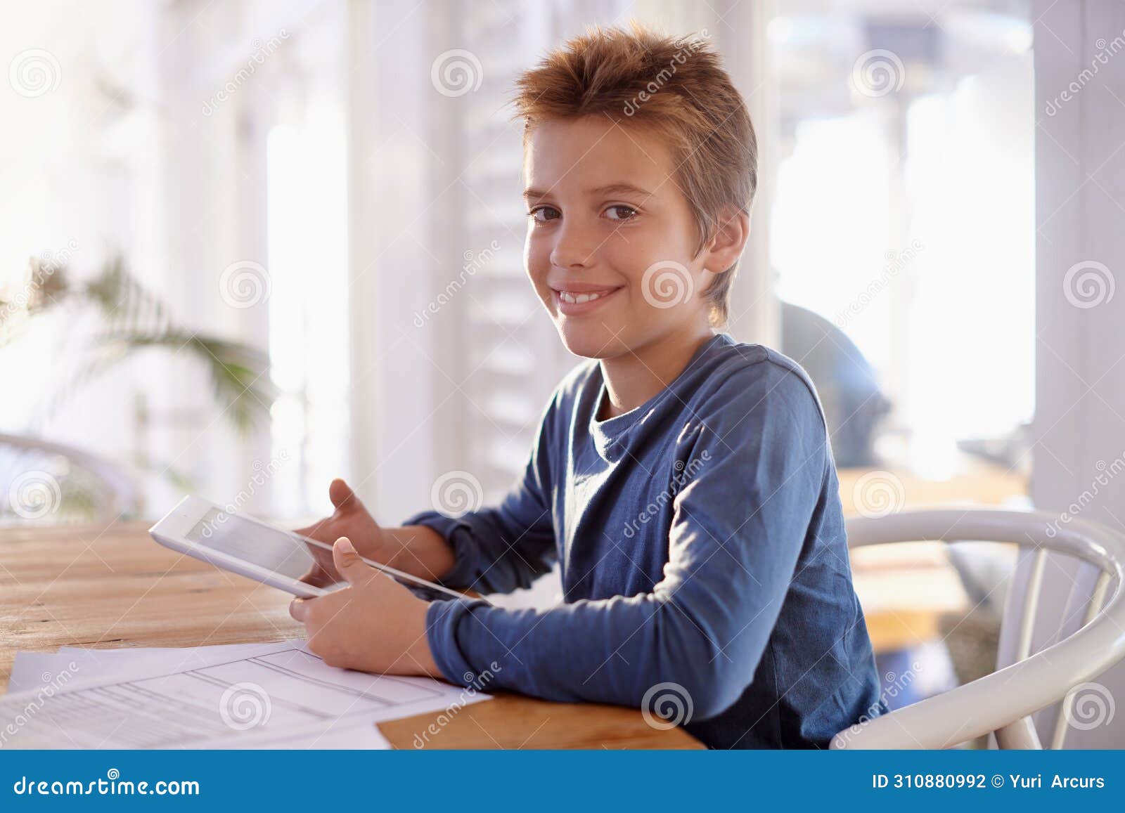 Child, Homework and Tablet on Table in Portrait, School Work for ...