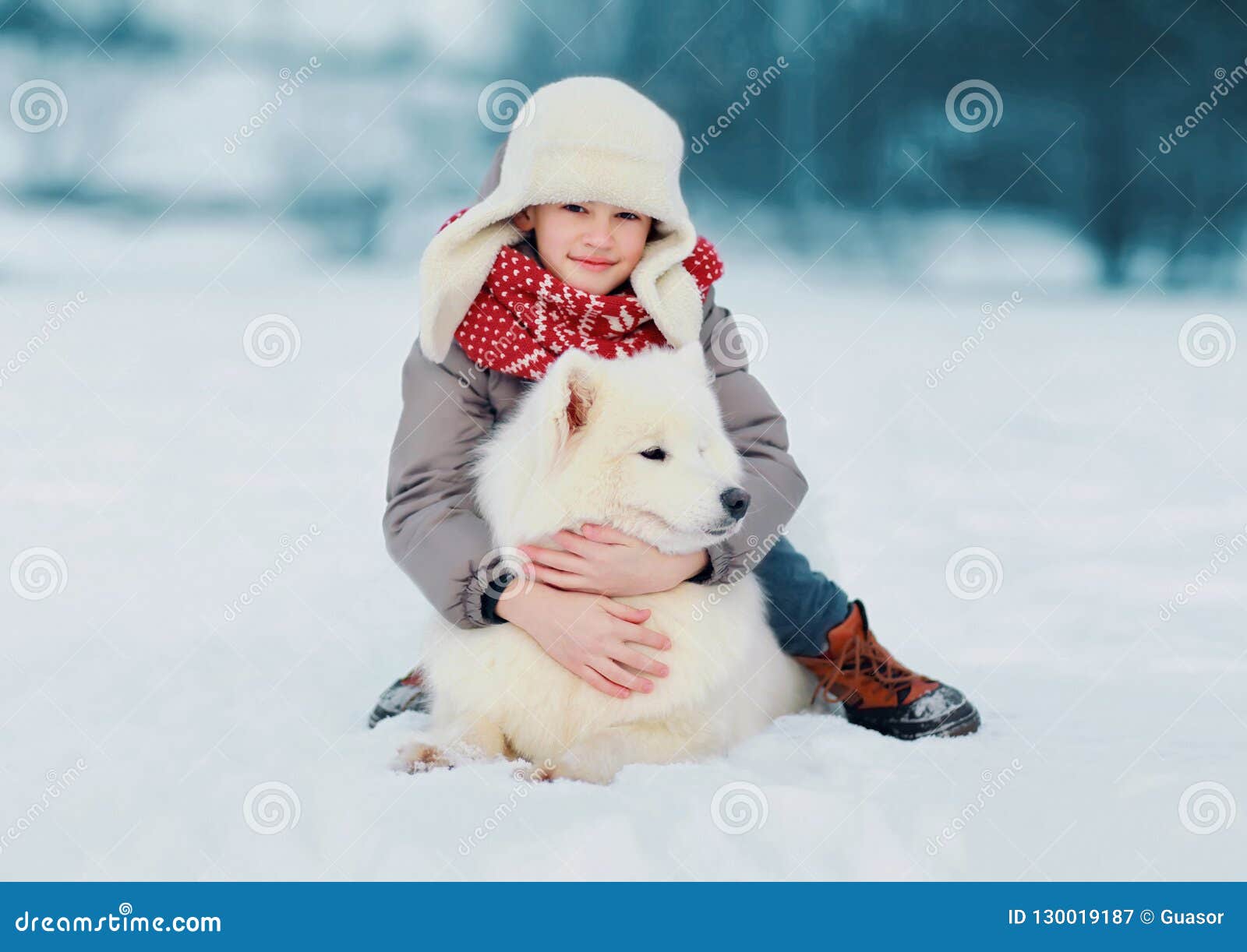 Child Hugging White Samoyed Dog in Winter Day Stock Image - Image of ...