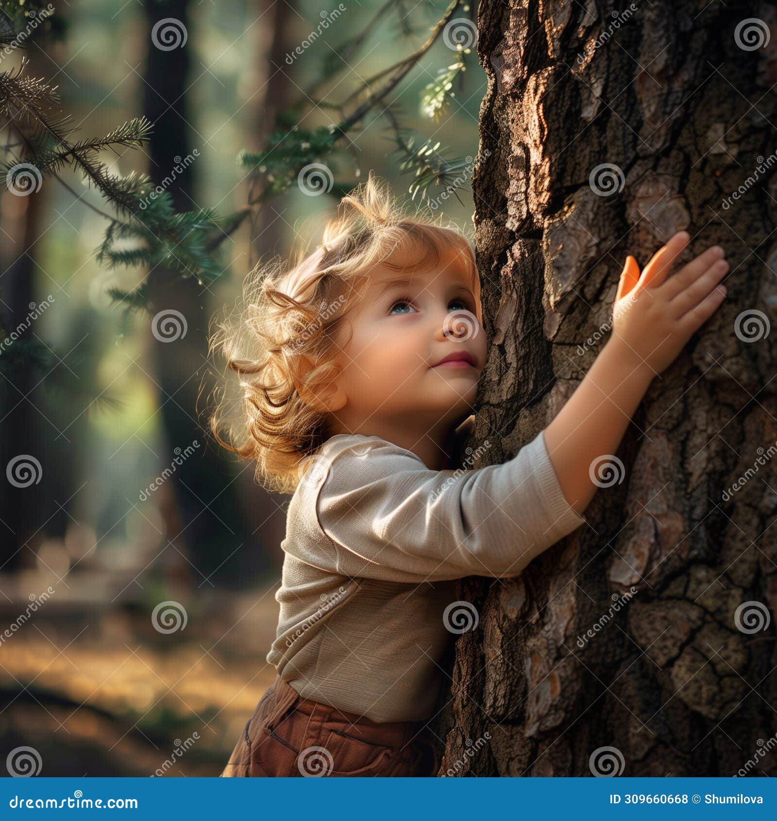 A Child Hugs a Tree in the Forest Outdoors. Created by Artificial ...