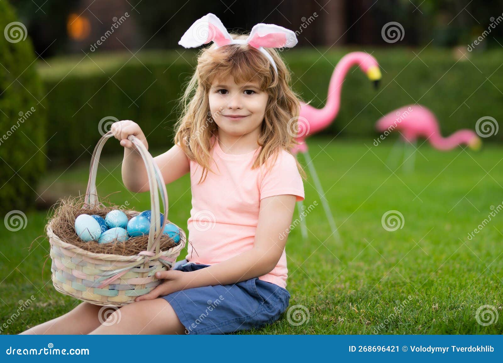 Child Hunting Easter Eggs. Cute Kid in Rabbit Costume with Bunny Ears ...