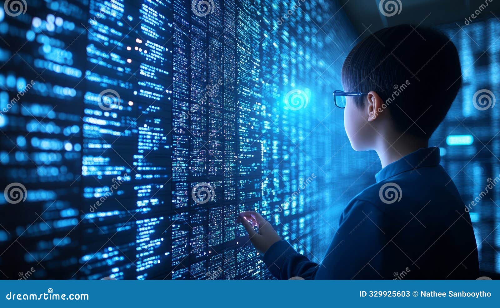 Child Interacting with Digital Data Wall Stock Illustration ...