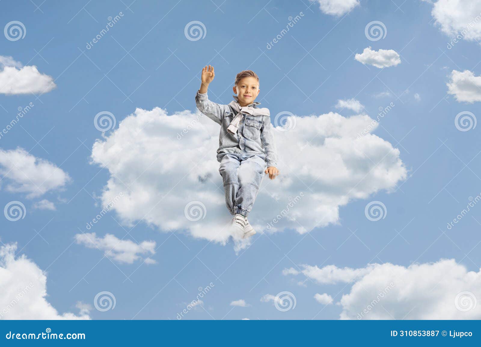 Child in Jeans Sitting on a Cloud Stock Image - Image of floating ...