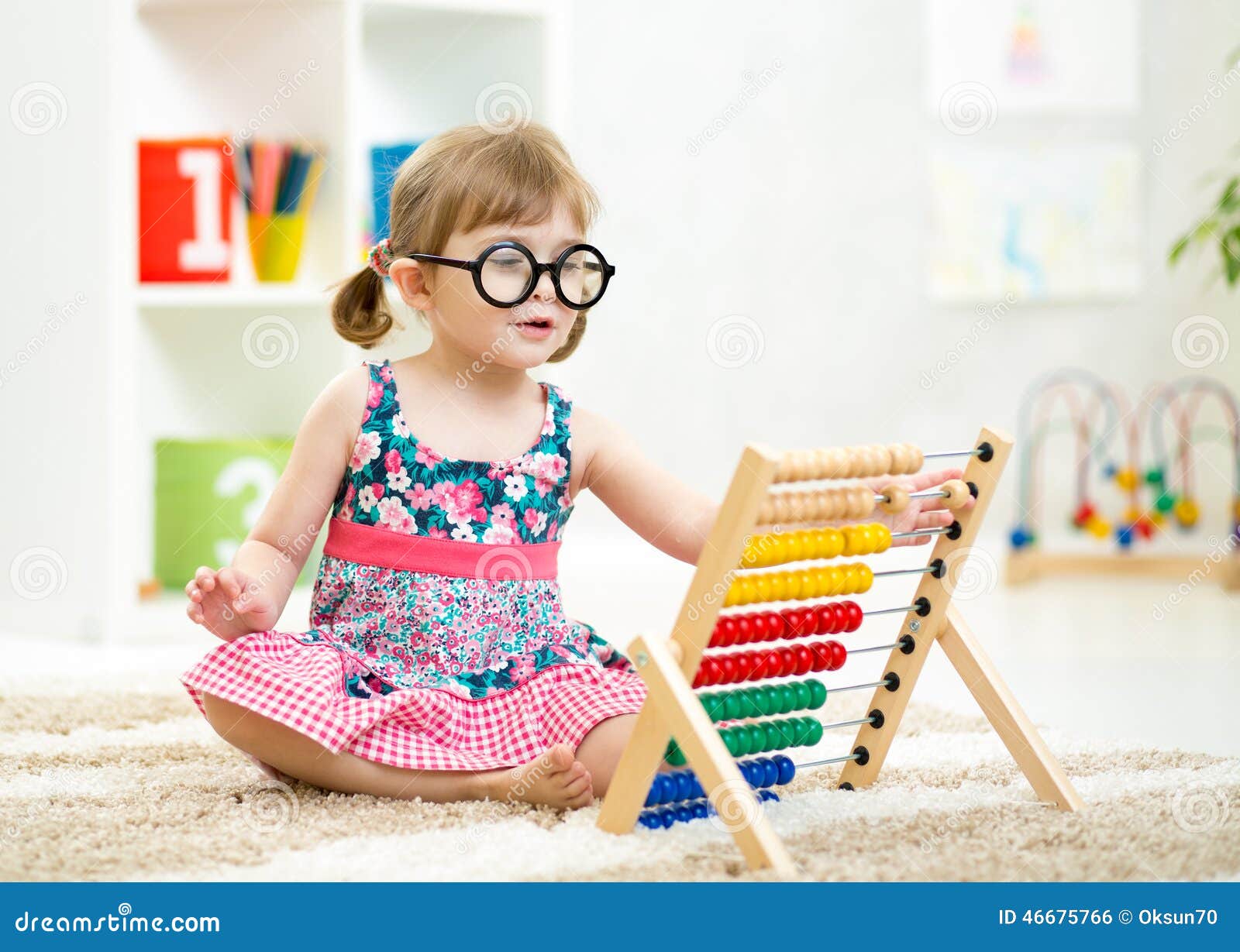 Boy Child With Abacus Clock In Glasses Counting, Smart Kid Stock Image ...
