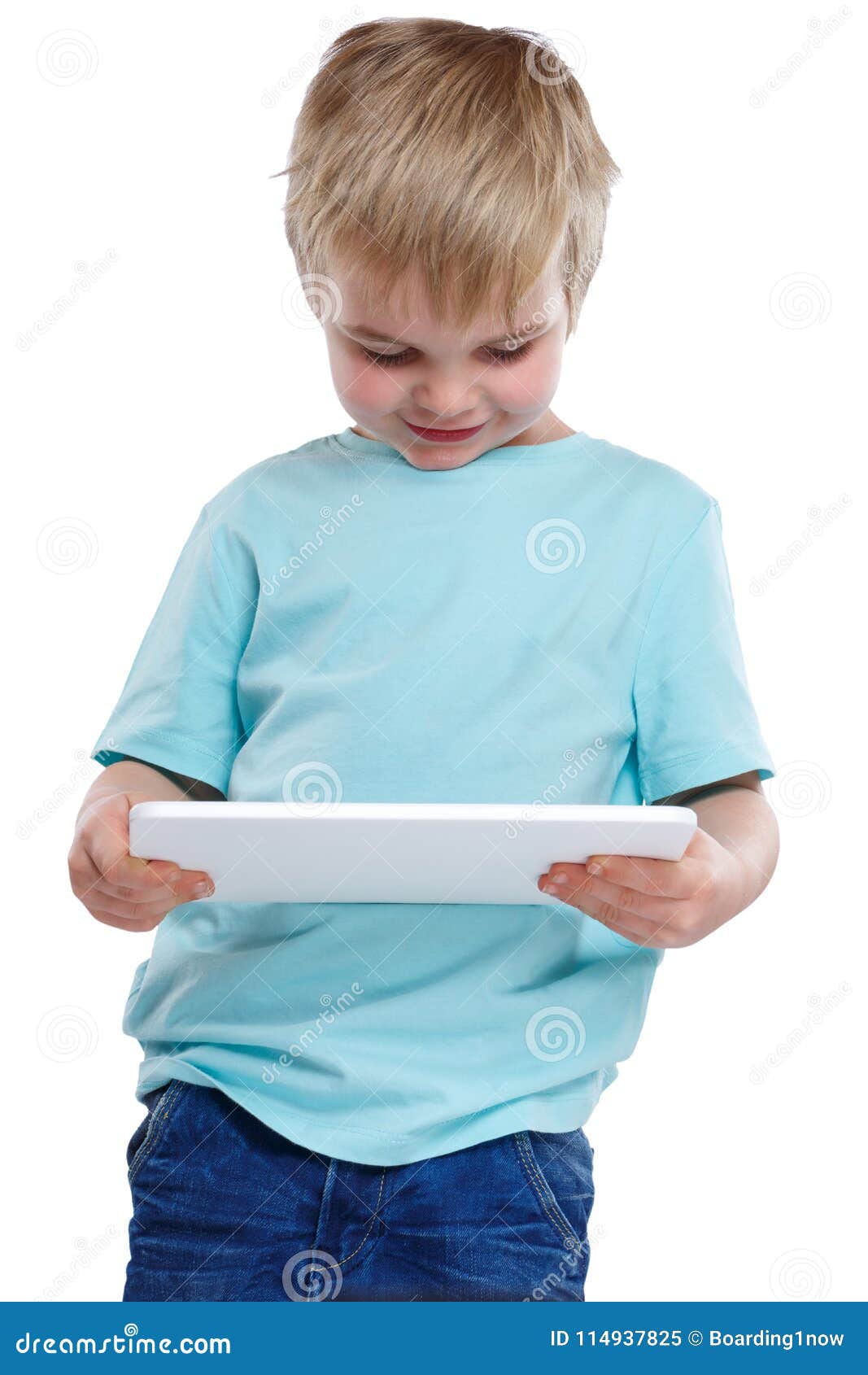 Child Kid Young Little Boy Looking at Tablet Computer Smiling in Stock ...