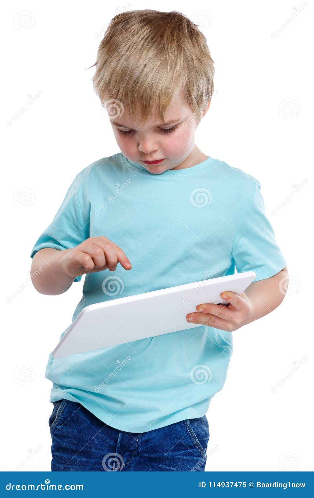 Child Kid Young Little Boy Typing Showing on Tablet Computer Int Stock ...