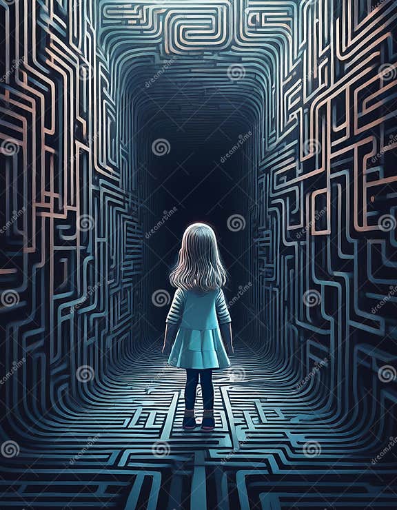 Child in Labyrinth at Night with Lantern Stock Illustration ...