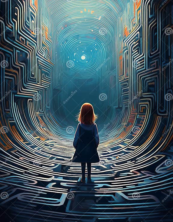 Child in Labyrinth at Night with Lantern Stock Illustration ...