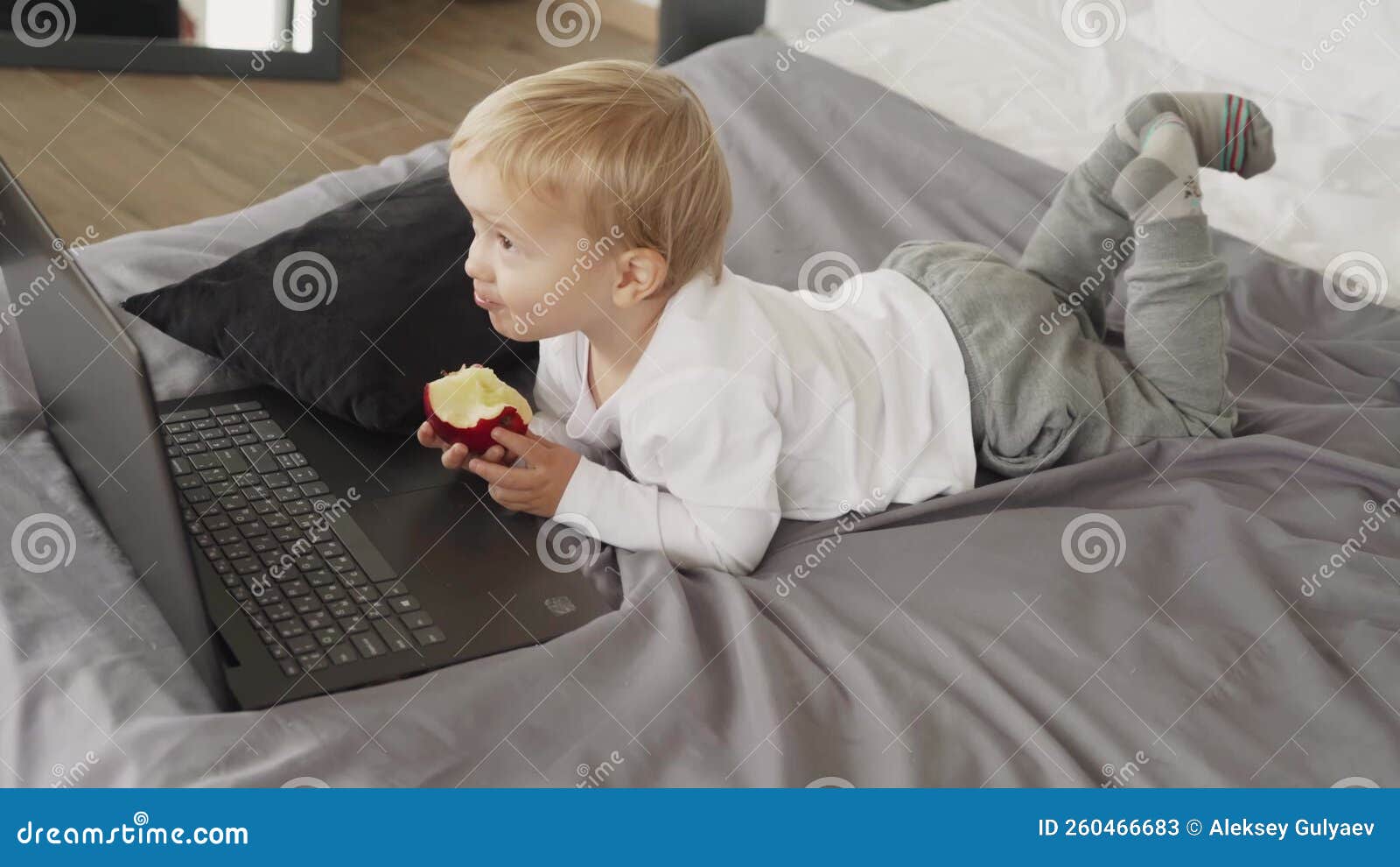A Child and a Laptop. a Little Boy Eats an Apple and Pushes the Buttons ...