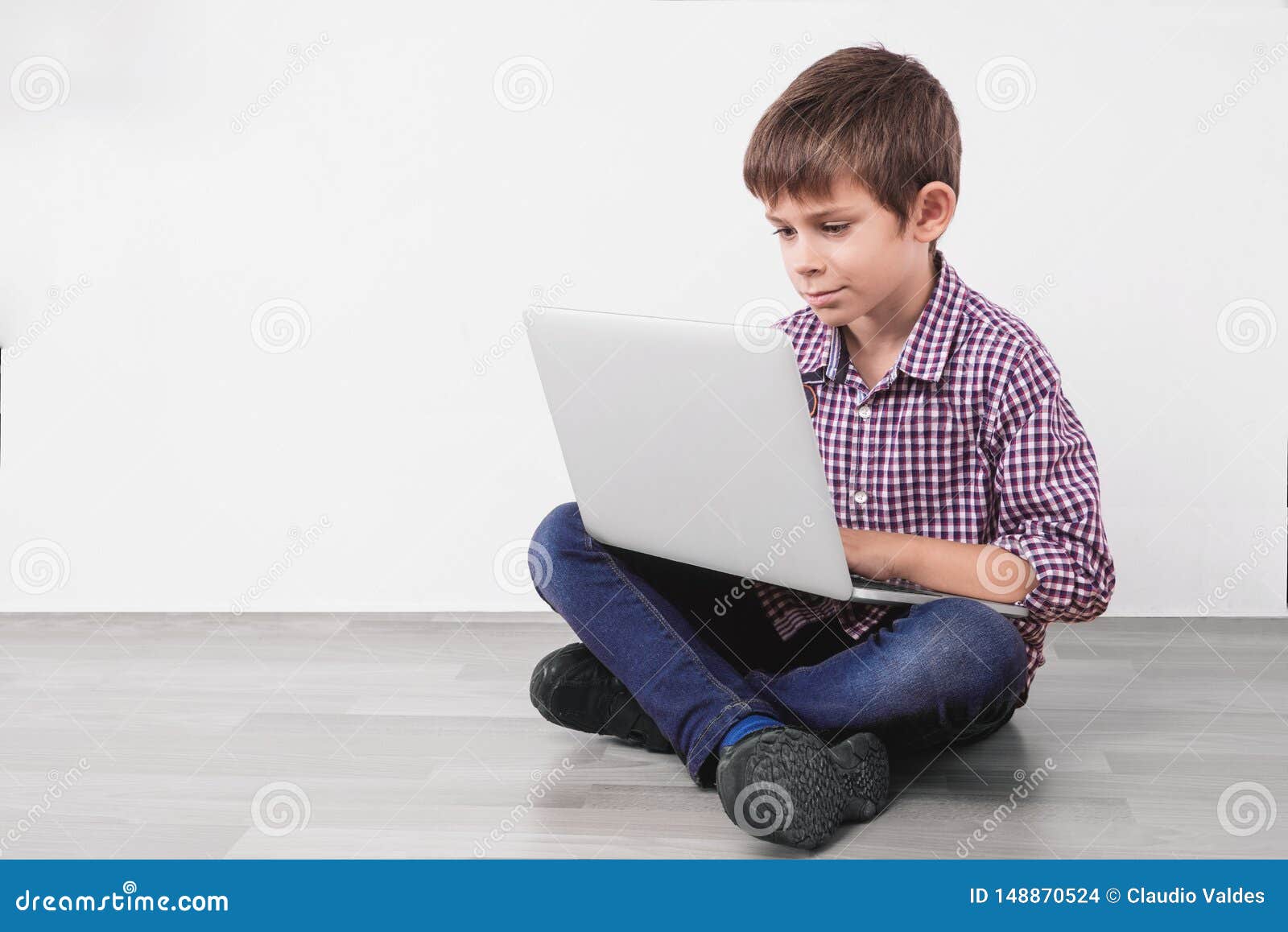 Child with Laptop Sitting on the Floor Stock Photo - Image of ...
