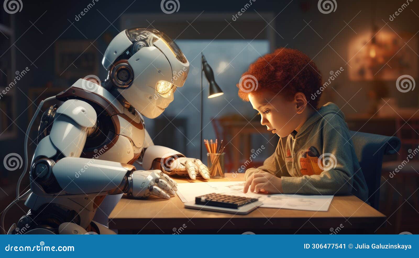 Child Learning Education Homework with Robot Assistance. Robot Helping ...