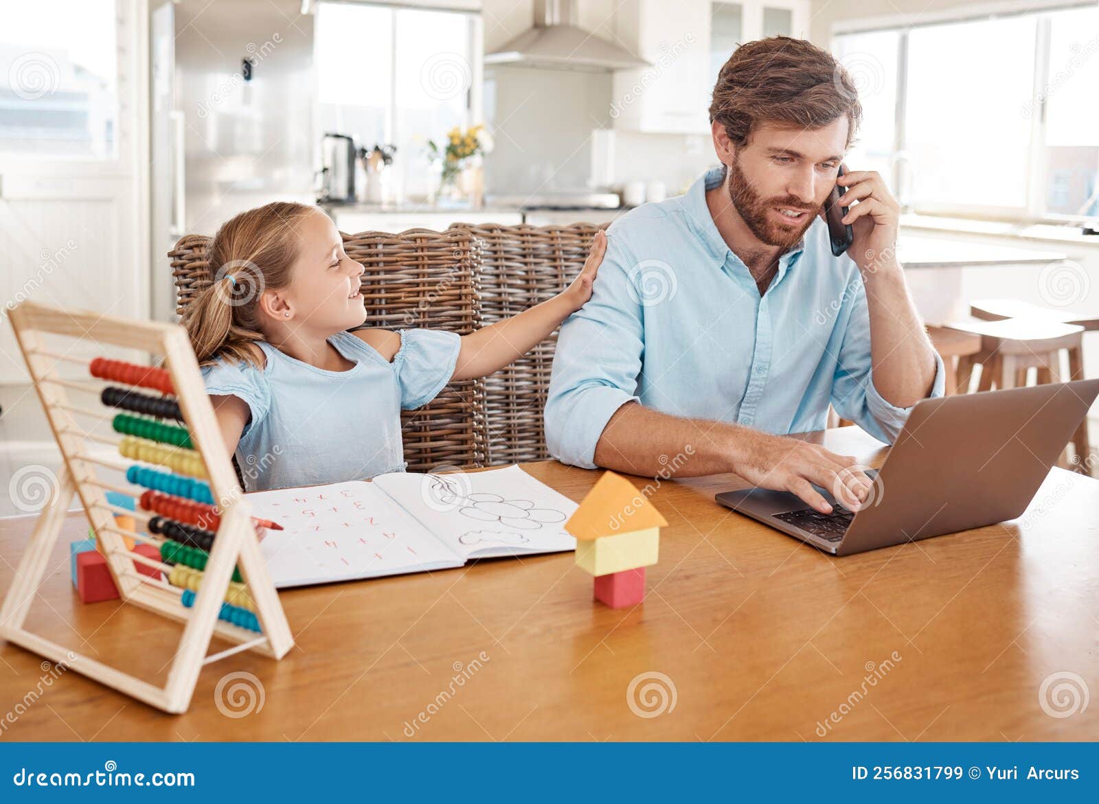 Child Learning, Home Working and Work Call of a Dad on a Computer Busy ...